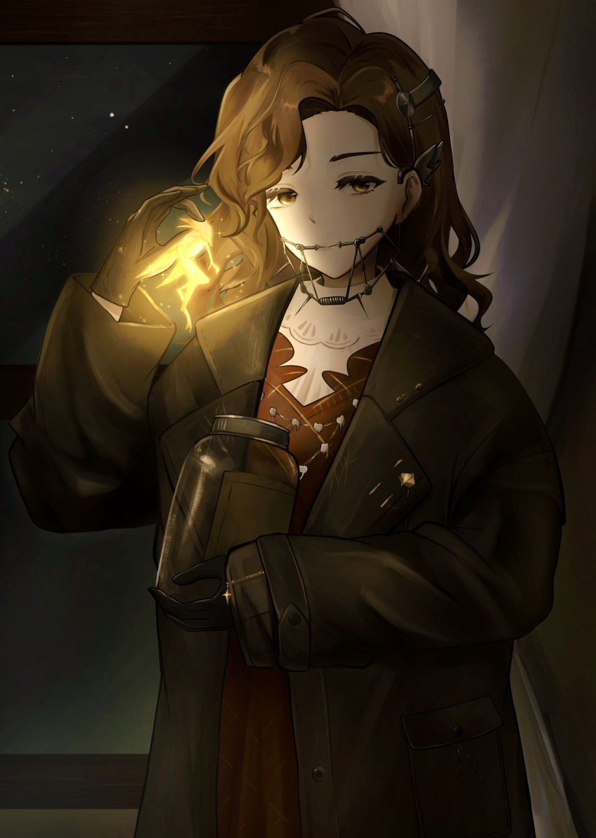 Safebooru - 1girl absurdres black coat blue eyes braces brown hair closed mouth coat creature ...