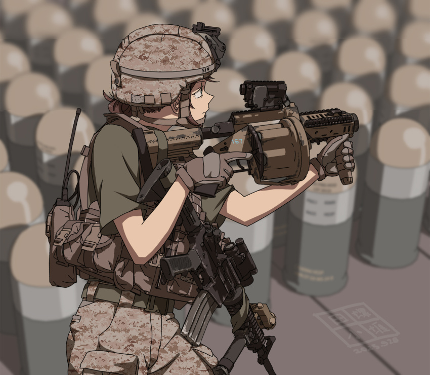 Safebooru - 1girl 40mm grenade assault rifle blurry brown gloves brown ...