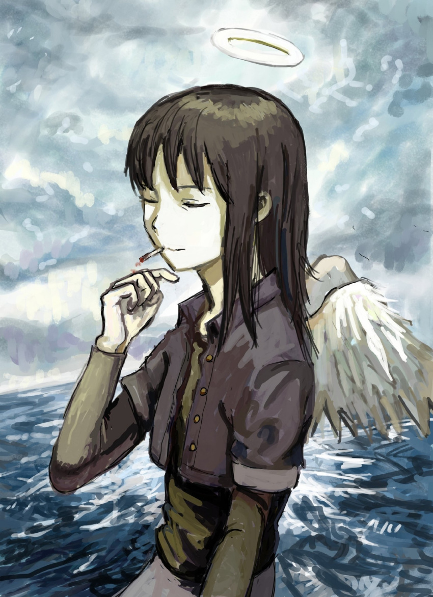 Safebooru - 1girl angel angel wings black hair cigarette closed eyes ...