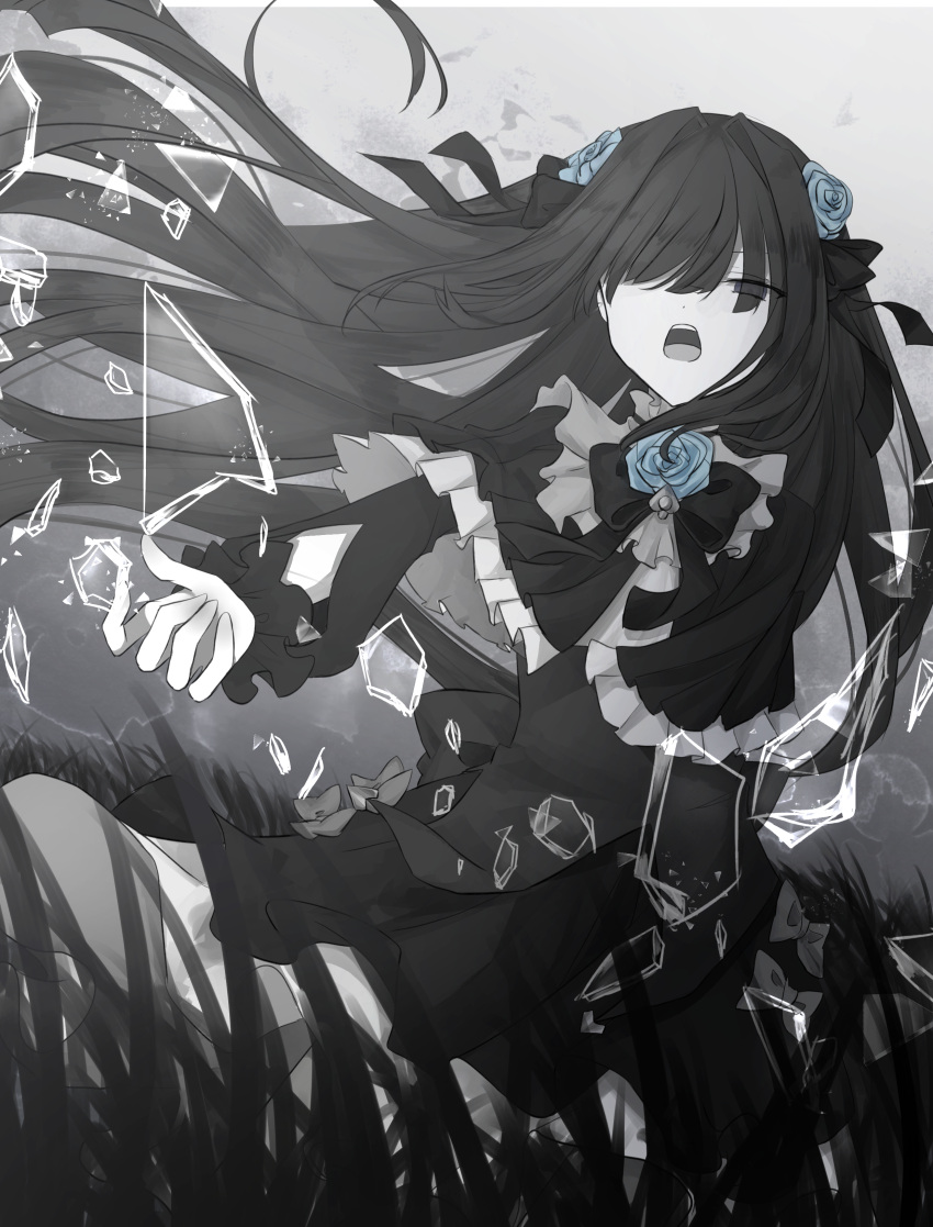 Safebooru - 1girl :o absurdres arcaea black bow black dress black hair blue flower bow dress ...