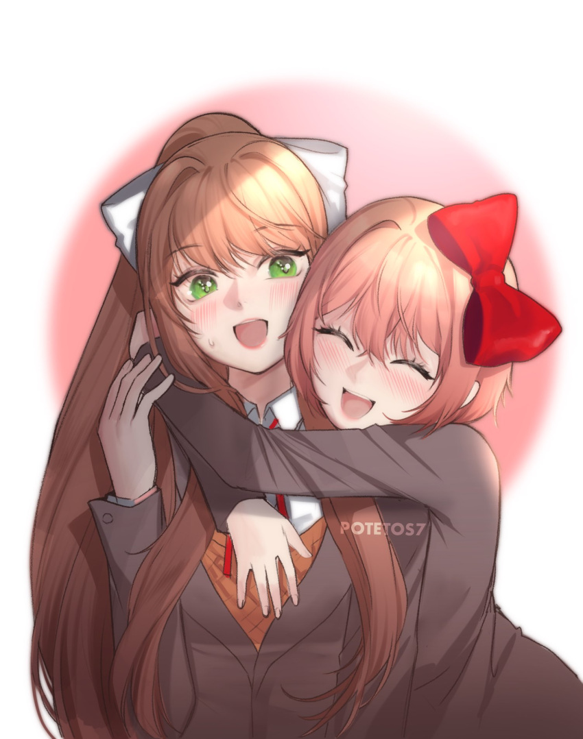 Safebooru - 2girls :d ^ ^ artist name bangs blush bow brown hair closed ...