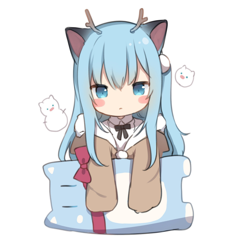 Safebooru - 1girl amashiro natsuki animal ears antlers bangs black bow blue eyes blue hair blush ...