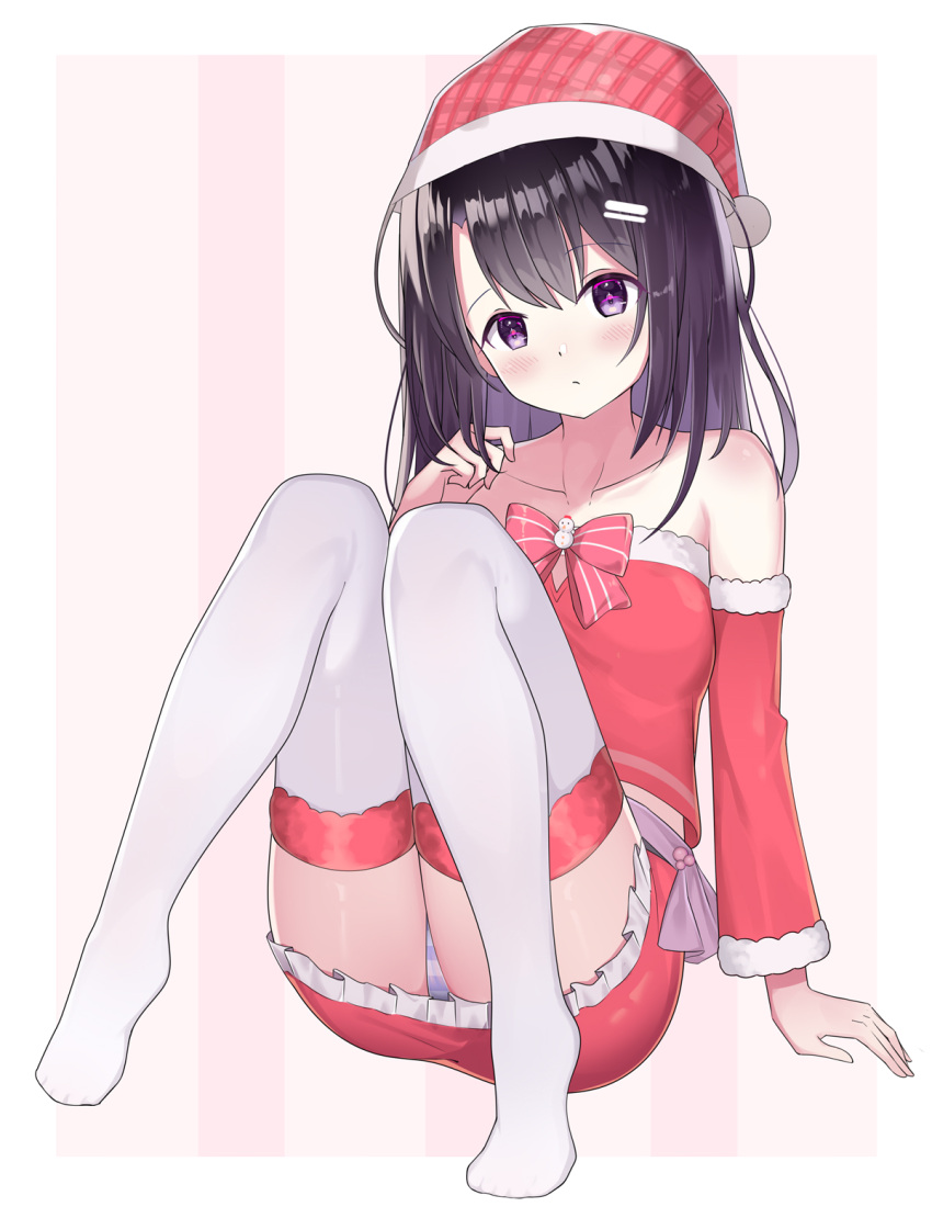 Safebooru - 1girl bangs bare shoulders black hair blush bow christmas collarbone commentary ...