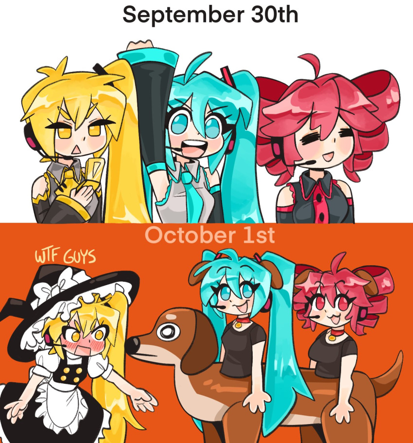 Safebooru - 3girls :3 = = akita neru animal costume apron black hat black shirt black skirt ...