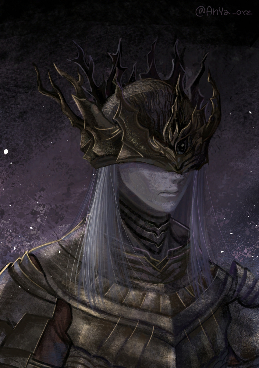 Safebooru - 1boy absurdres anya orz armor artist name black background ...
