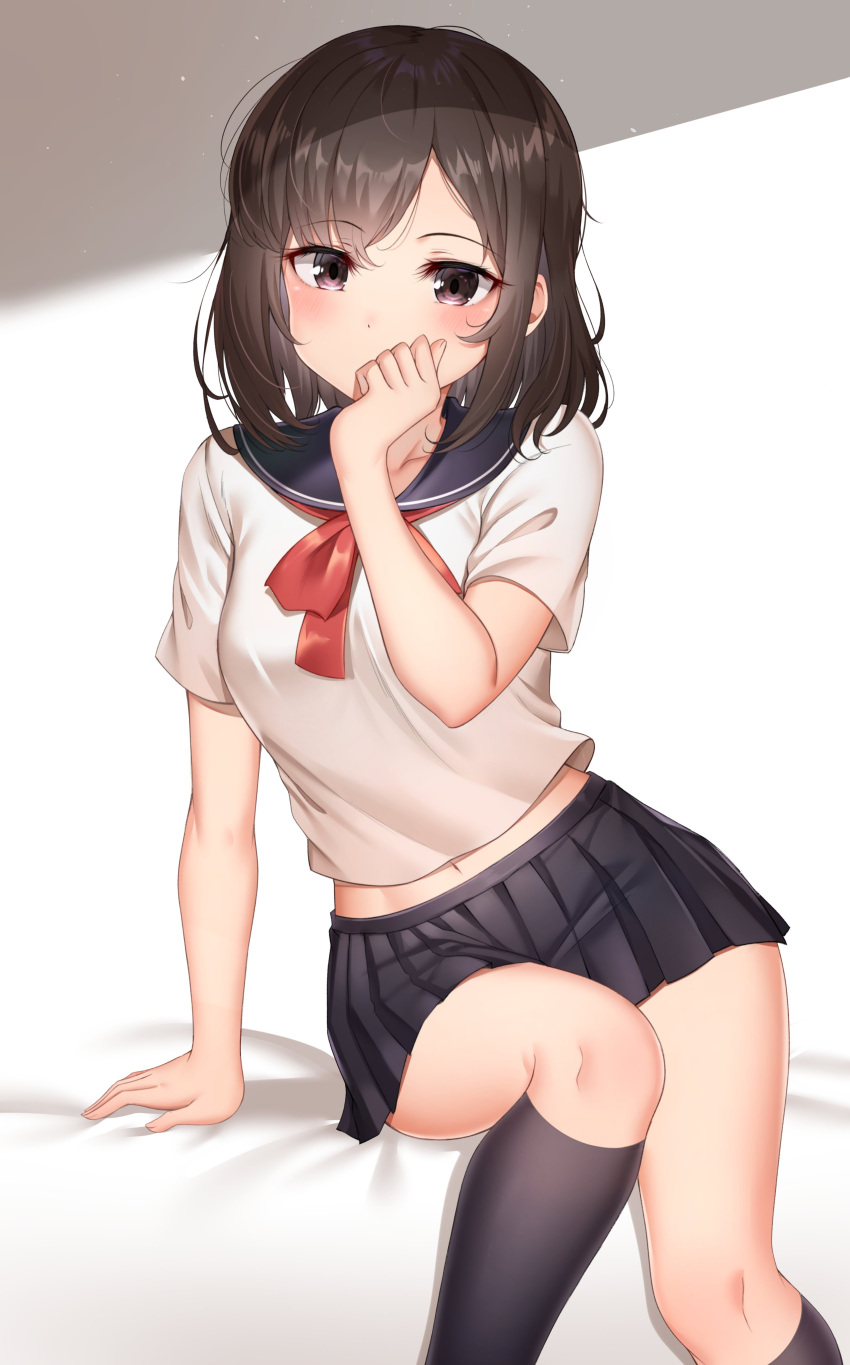 Safebooru - 1girl absurdres arm support black legwear black skirt breasts brown eyes brown hair ...