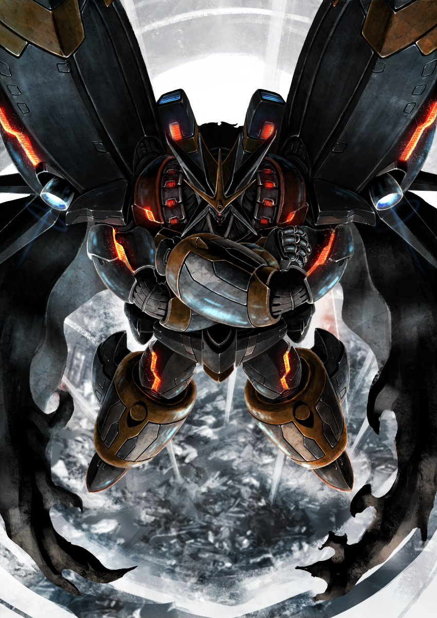 Safebooru - absurdres cape crossed arms deraken from above glowing ...