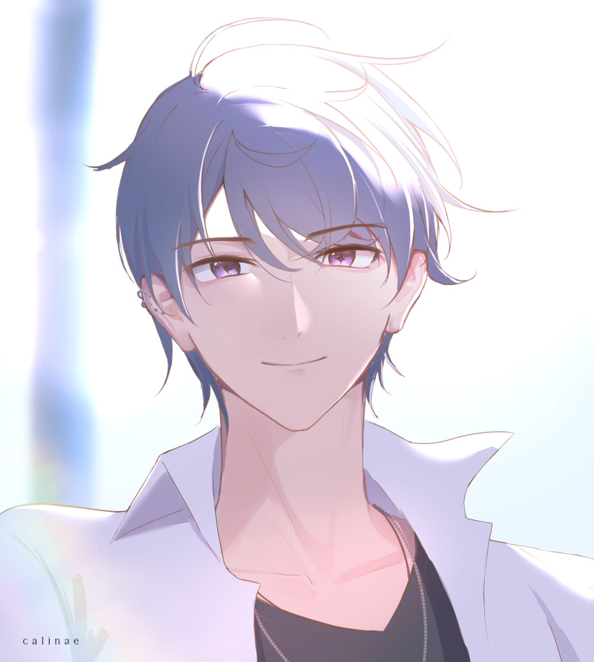 Safebooru - 1boy absurdres backlighting black shirt blue hair blurry ...