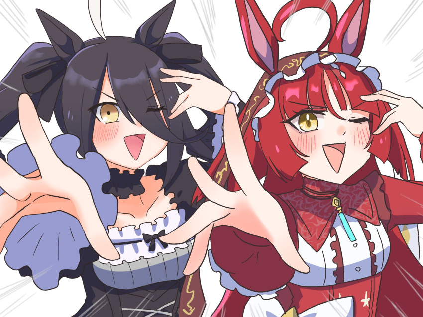 Safebooru - 2girls ahoge animal ears black dress black hair black ...
