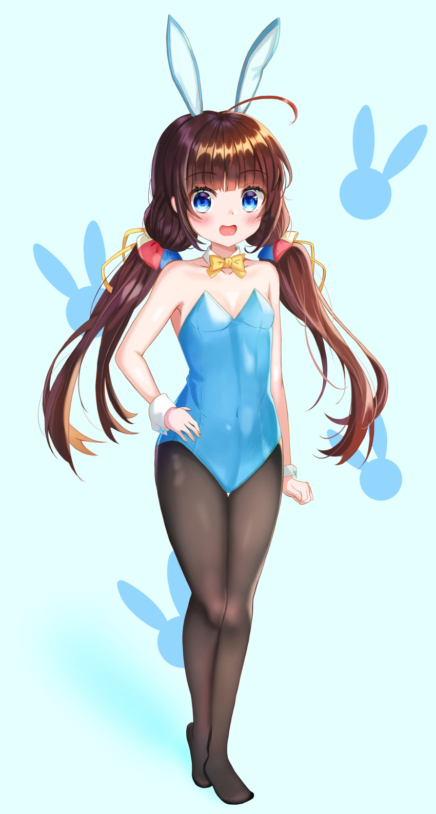 Safebooru - 1girl absurdres ahoge animal ears black legwear blue background blue eyes blue ...
