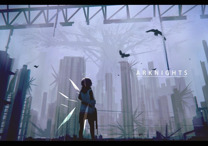 Safebooru - 1girl alcxome angel arknights bird building cityscape ...