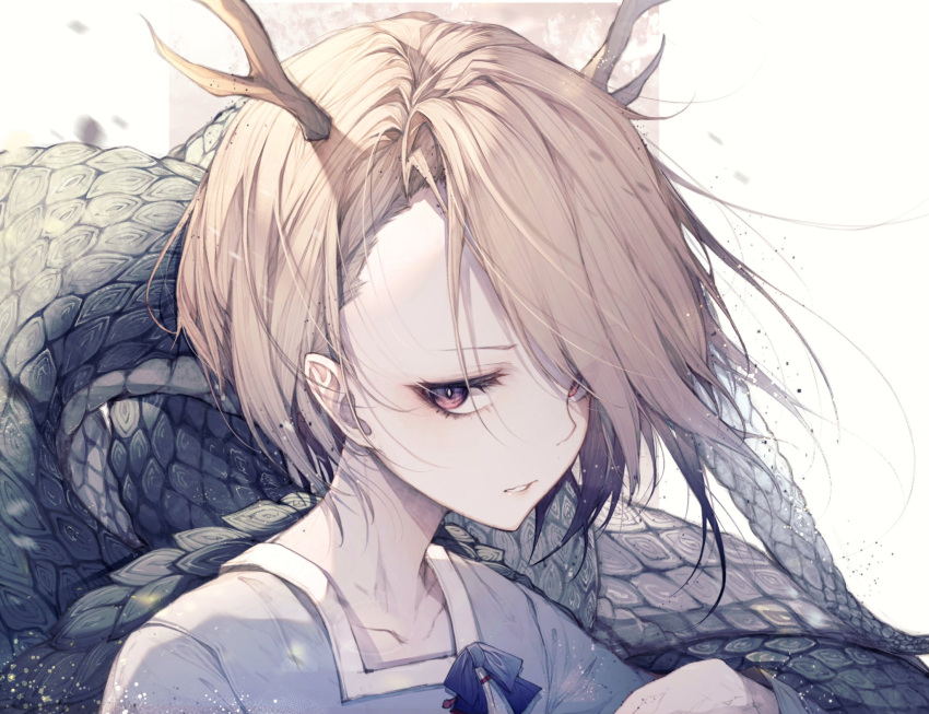 Safebooru - 1girl bangs blonde hair blue ribbon blue shirt collarbone dragon girl dragon horns ...