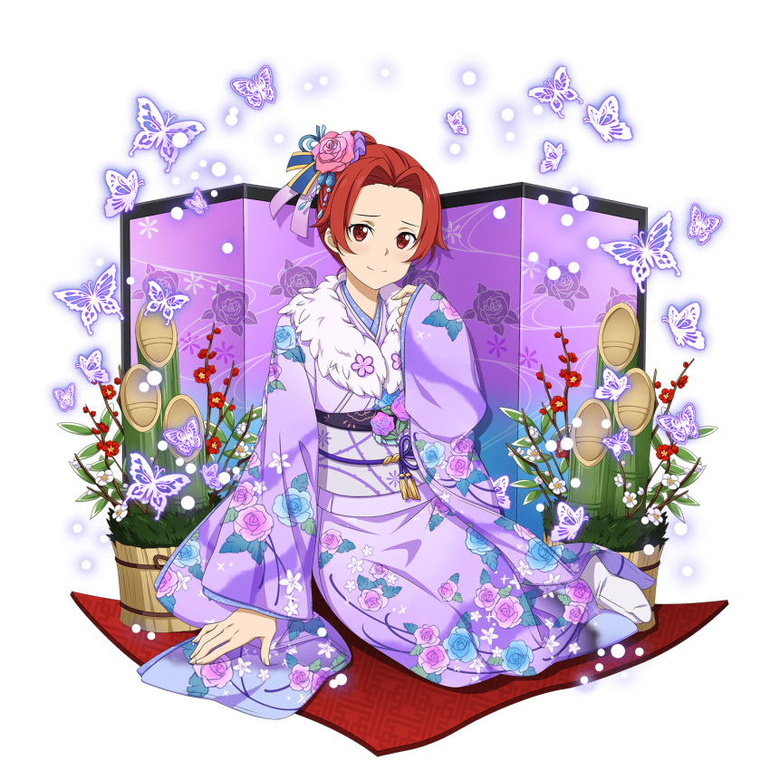 Safebooru - 1girl blue ribbon blush closed mouth floral print flower fur-trimmed kimono fur trim ...