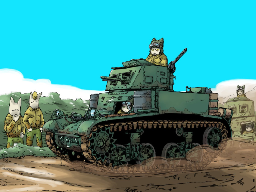 Safebooru - 6+boys blue sky browning m1919 cat boy caterpillar tracks ...