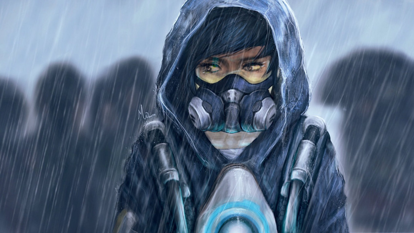 Safebooru - 1girl black hair blue raincoat brown eyes chronal ...