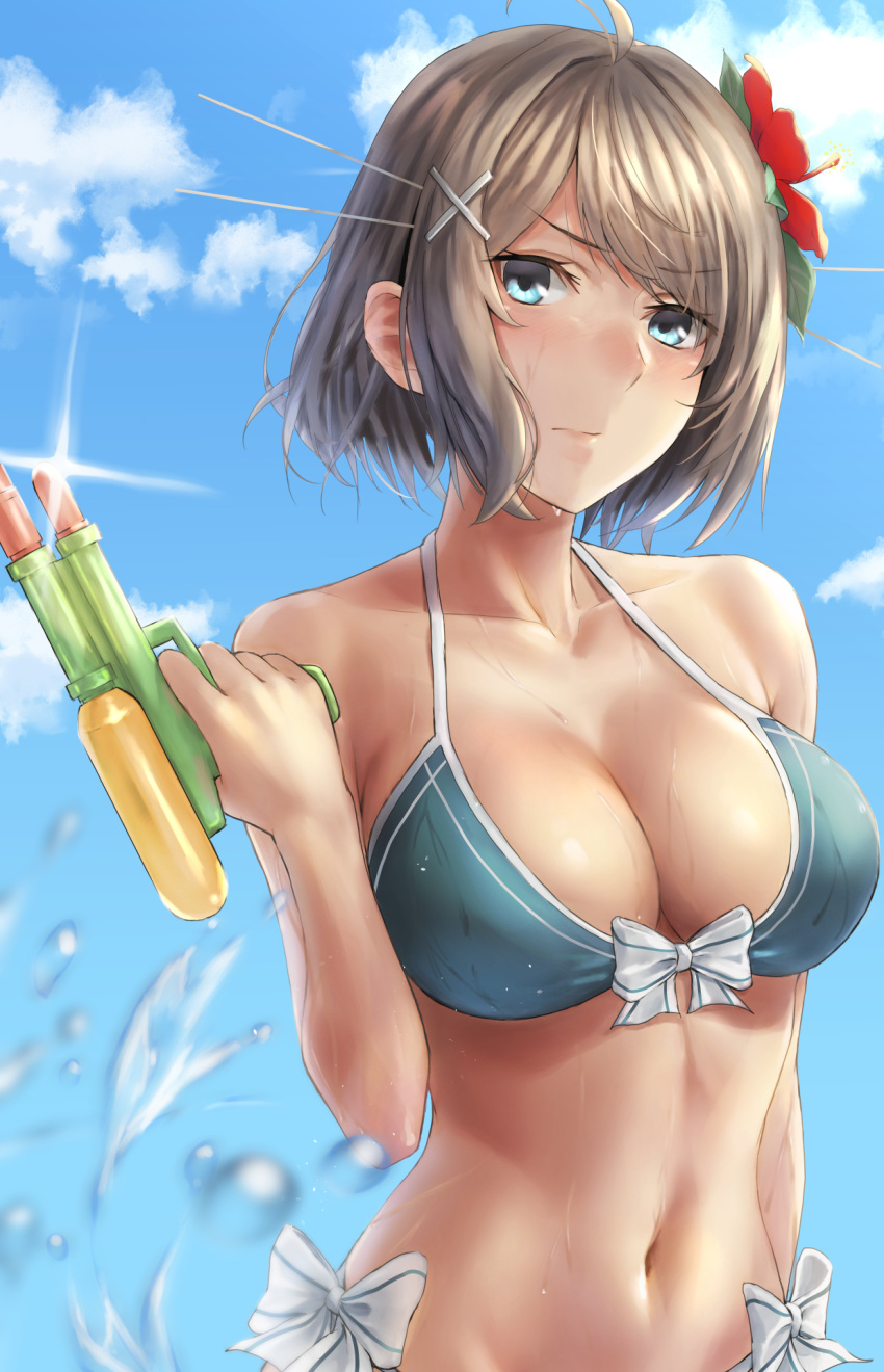 Safebooru - 1girl blue eyes blue sky blush brown hair closed mouth clouds day hair ornament ...