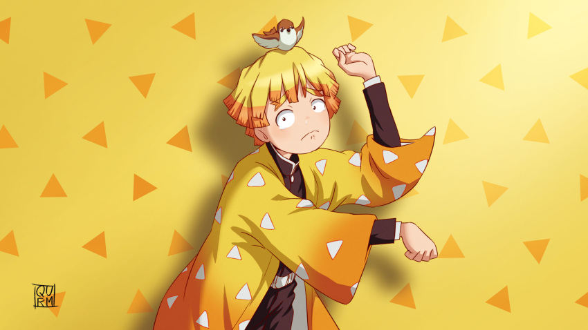 Safebooru - 1boy agatsuma zenitsu animal animal on head belt bird bird ...