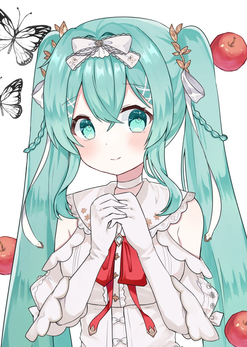 Safebooru - 1girl absurdres apple aqua eyes aqua hair blush bow braid ...