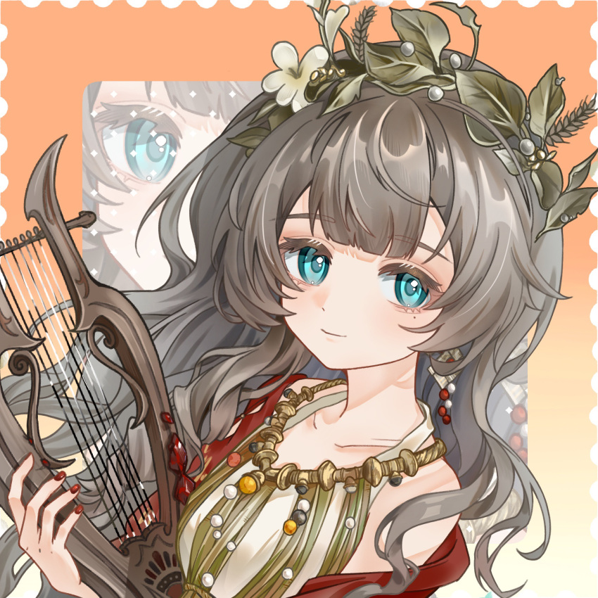 Safebooru - 1girl blue eyes brown hair dress hand up highres holding ...