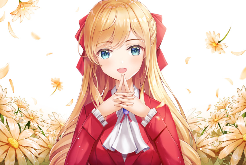 Safebooru - 1girl :d blonde hair blue eyes bow check character claire francois flower hair bow ...