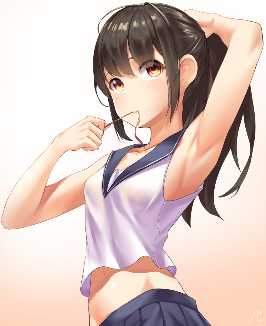Safebooru - 1girl absurdres arm up armpits bare arms black hair blush highres mouth hold navel ...