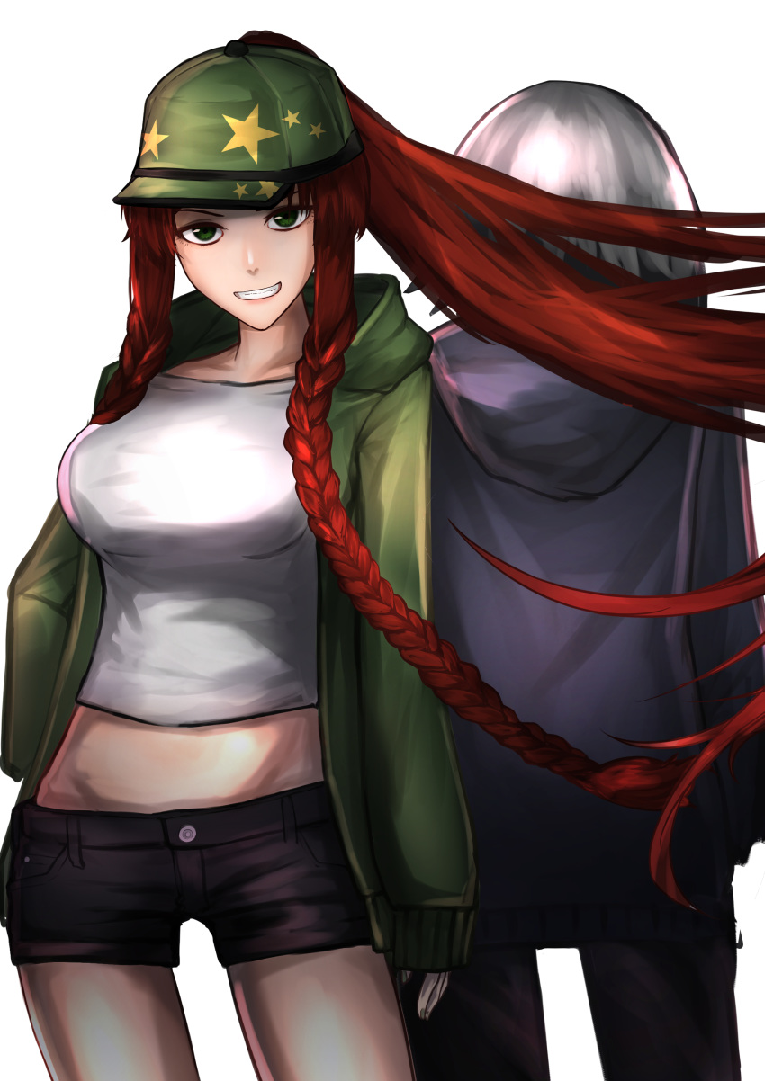 Safebooru - 2girls absurdres alternate costume baseball cap black shorts blue hoodie braid ...