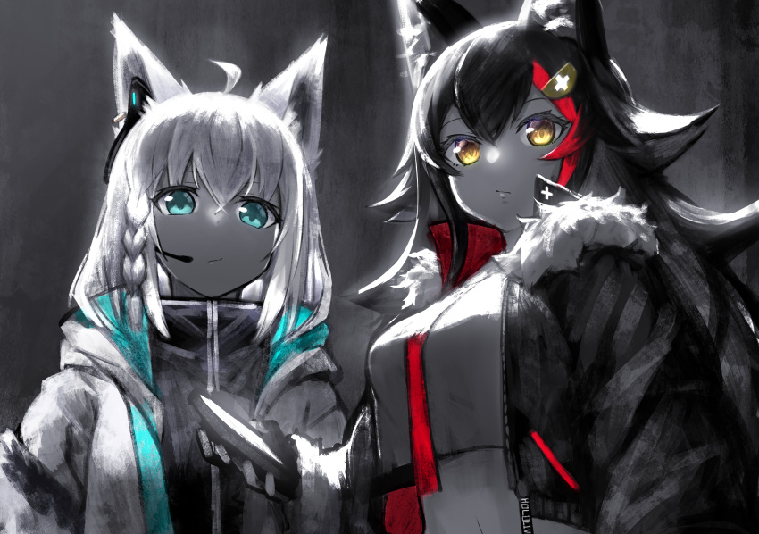 Safebooru - 2girls ahoge animal ear fluff animal ears black hair black jacket blue eyes braid ...
