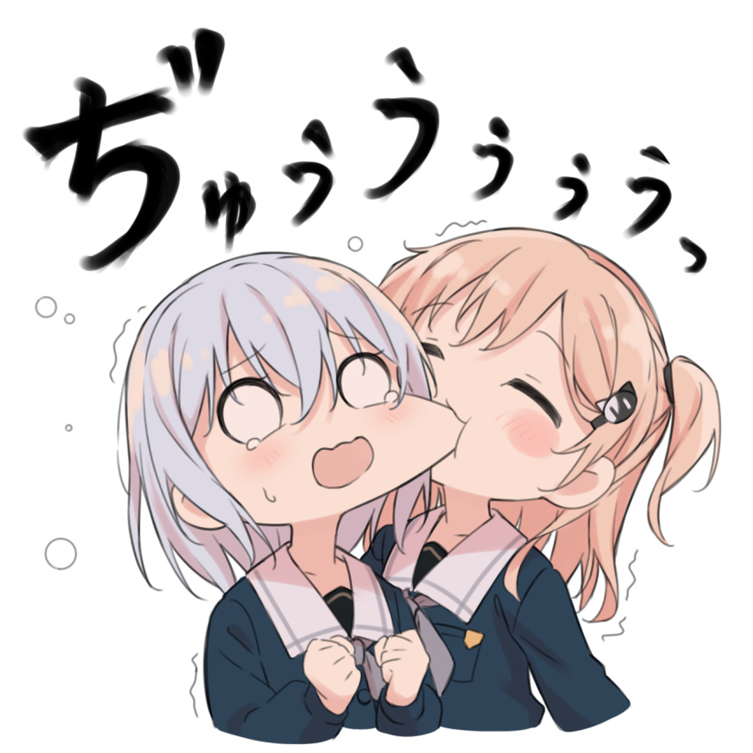 Safebooru - 2girls = = bang dream! biting biting cheek blue shirt blush brown hair chibi closed ...