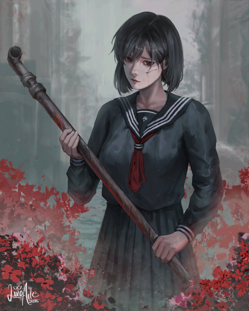 Safebooru - 1girl artist name black hair black serafuku cheek injury ...