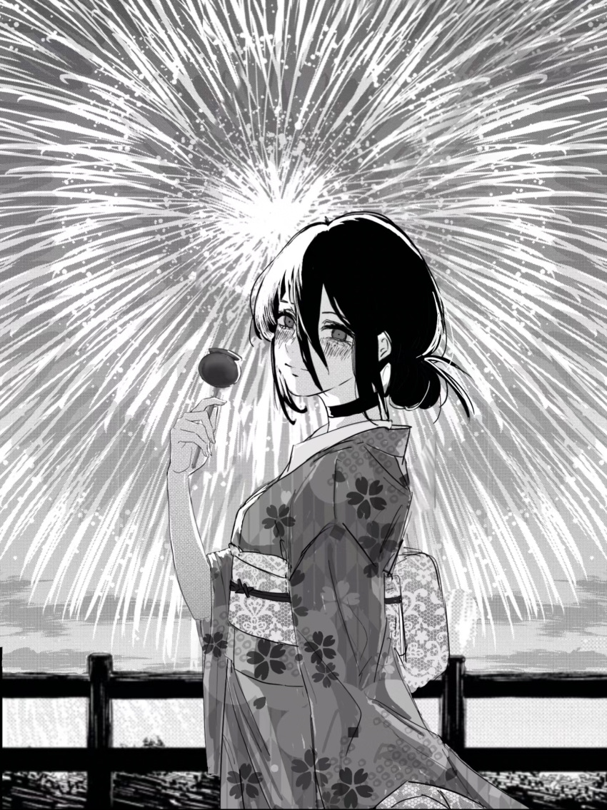 Safebooru - 1girl aerial fireworks candy apple chainsaw man choker ...