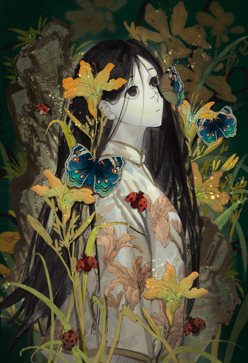 Safebooru - 1girl absurdres black eyes black hair bug butterfly ...
