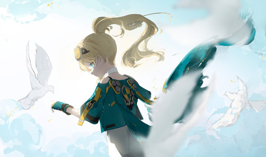 Safebooru - 1girl aqua gloves aqua jacket back bird blonde hair blue ...