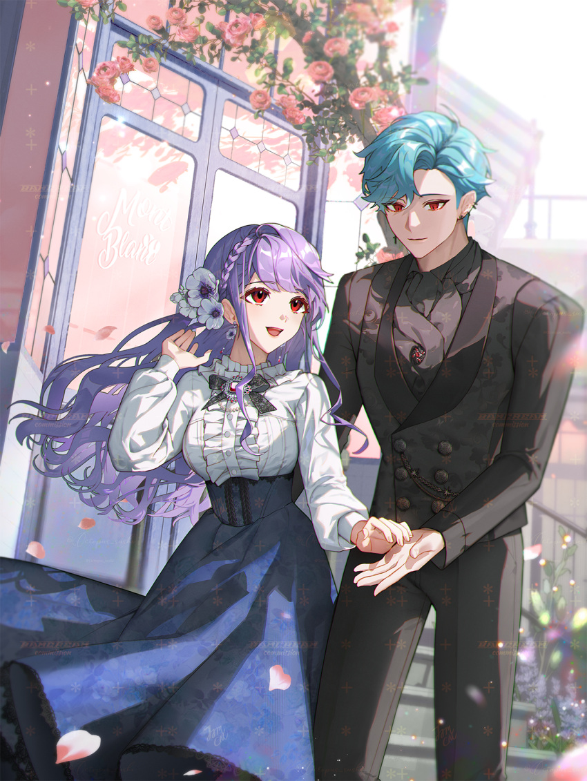 Safebooru - 1boy 1girl :d bamcream black bow black bowtie black jacket black pants blue hair ...