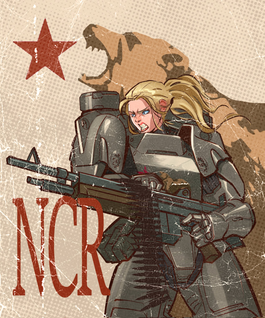 Safebooru - 1girl ammunition belt armor bear blonde hair blue eyes ...