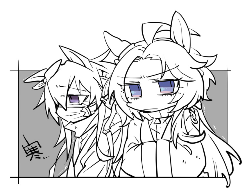 Safebooru - 2girls ahoge animal ears beer hsk cold grey background hair ...