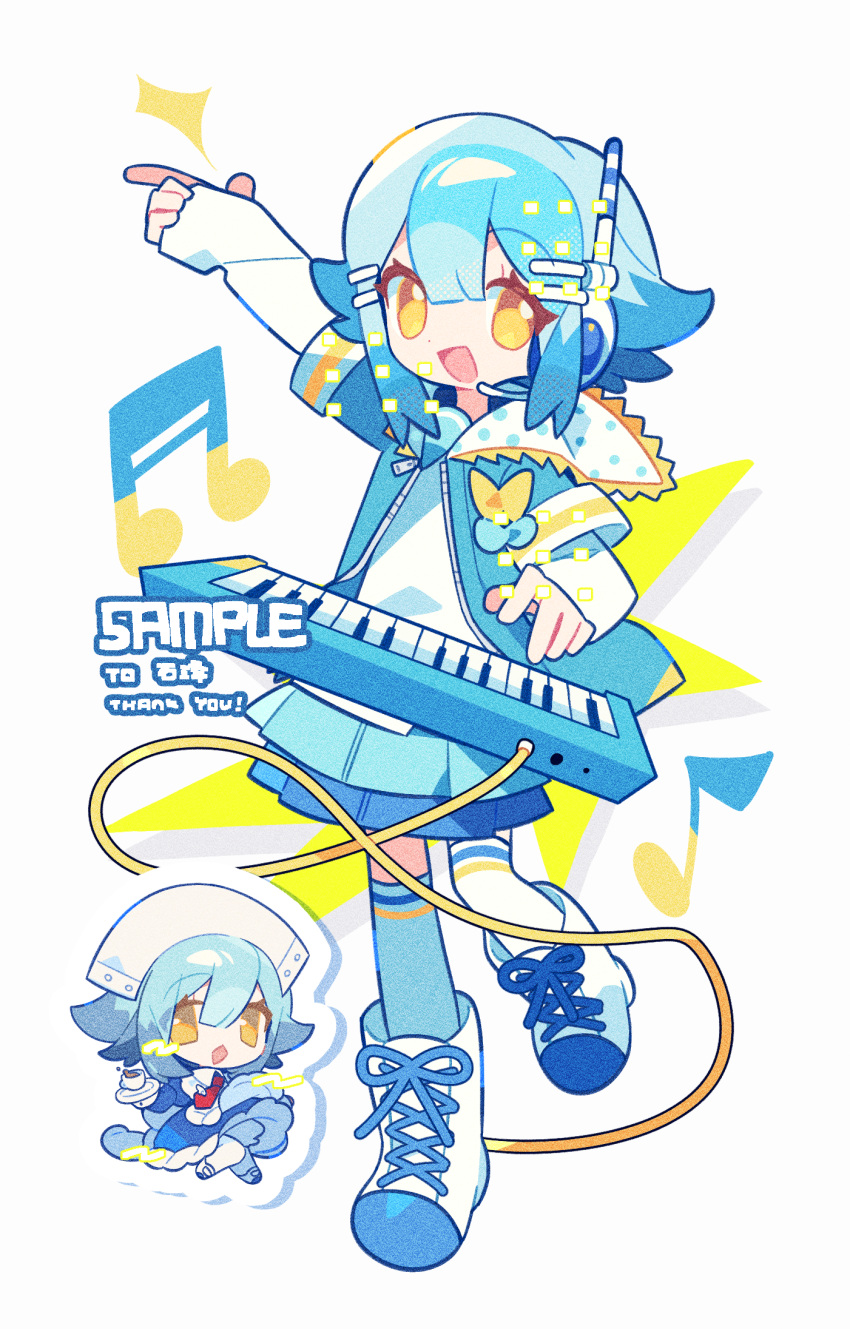 Safebooru - 1girl :d arm up blue hair blue jacket blue skirt blunt ...