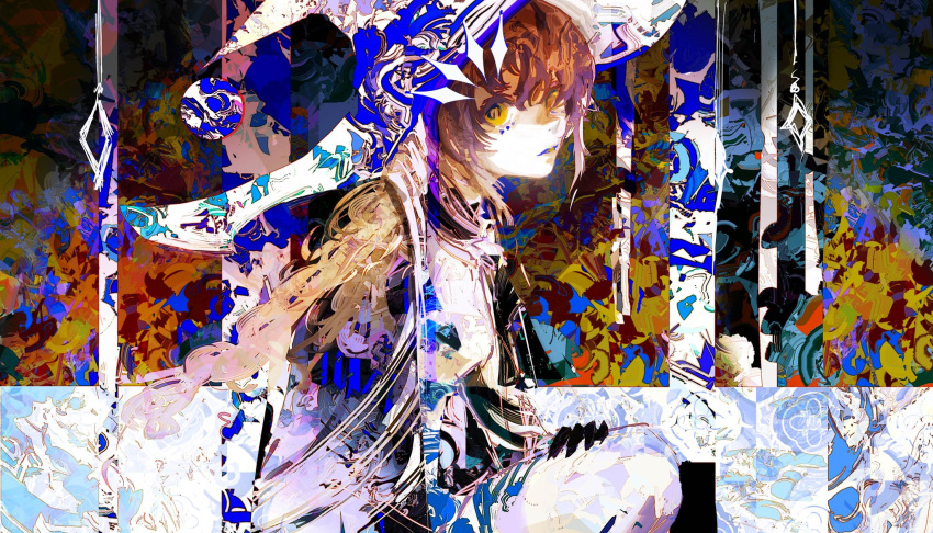 Safebooru - 1girl abstract background brown hair cloak commentary ...