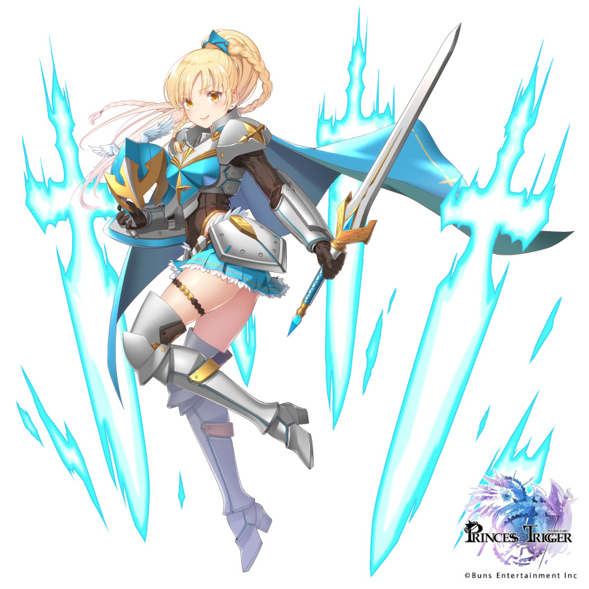 Safebooru - 1girl absurdres armor blonde hair blue cape blue fire blue skirts boots braid ...