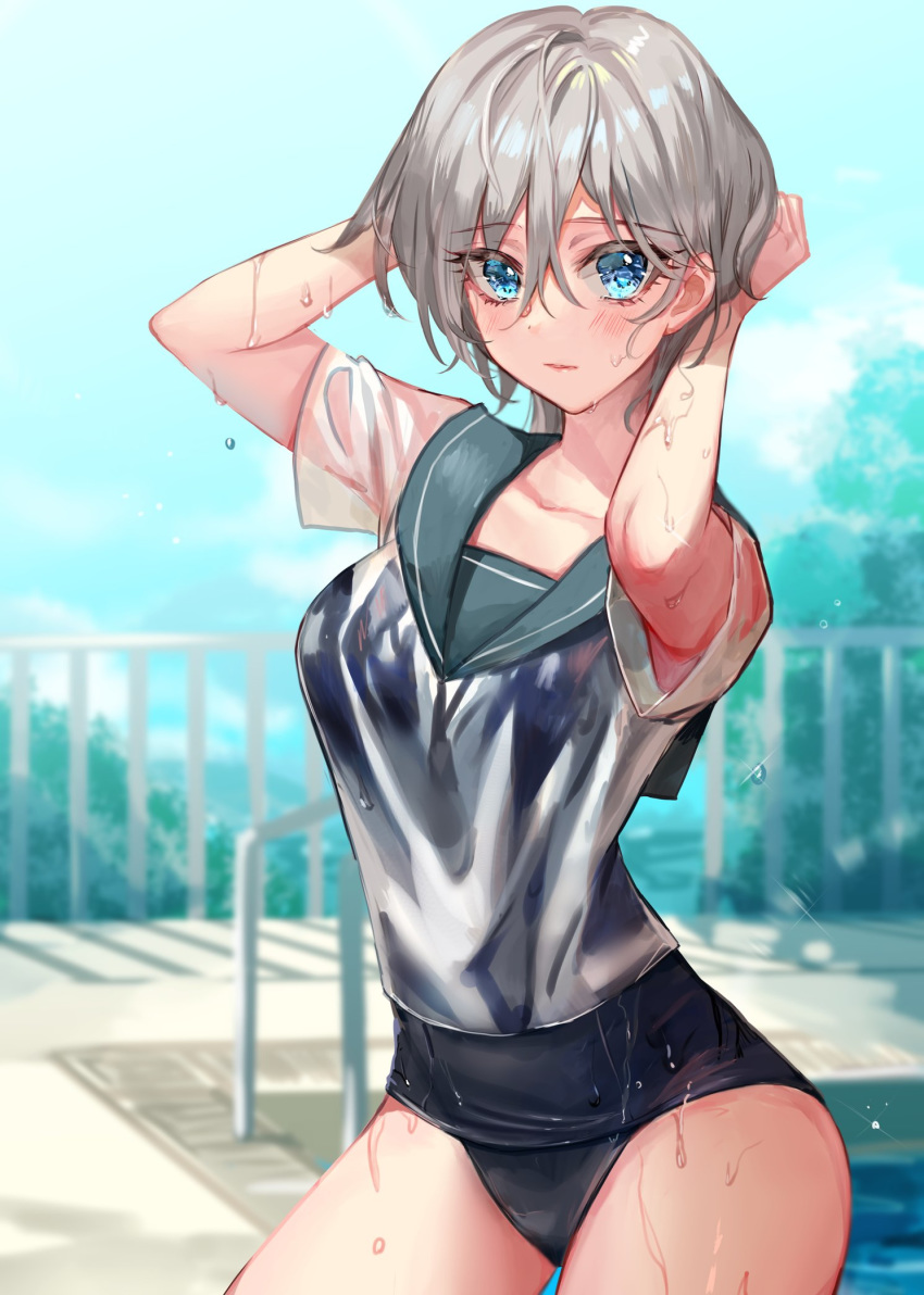 Safebooru - 1girl anastasia (idolmaster) arms behind back bangs blue eyes blue sky blush breasts ...
