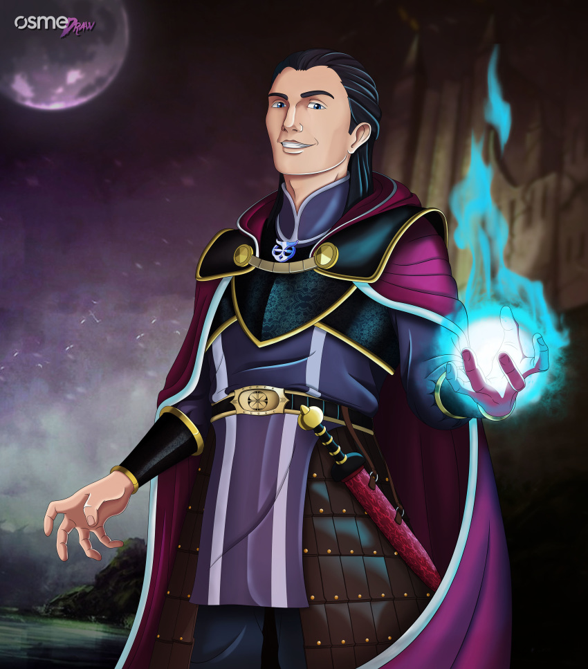 Safebooru - 1boy absurdres armor black hair cape energy ball fantasy hat highres khelar long ...