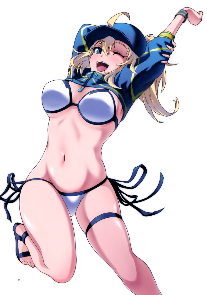 Safebooru - 1girl ;d absurdres ahoge arm up artoria pendragon (all) bangs bare legs baseball cap ...