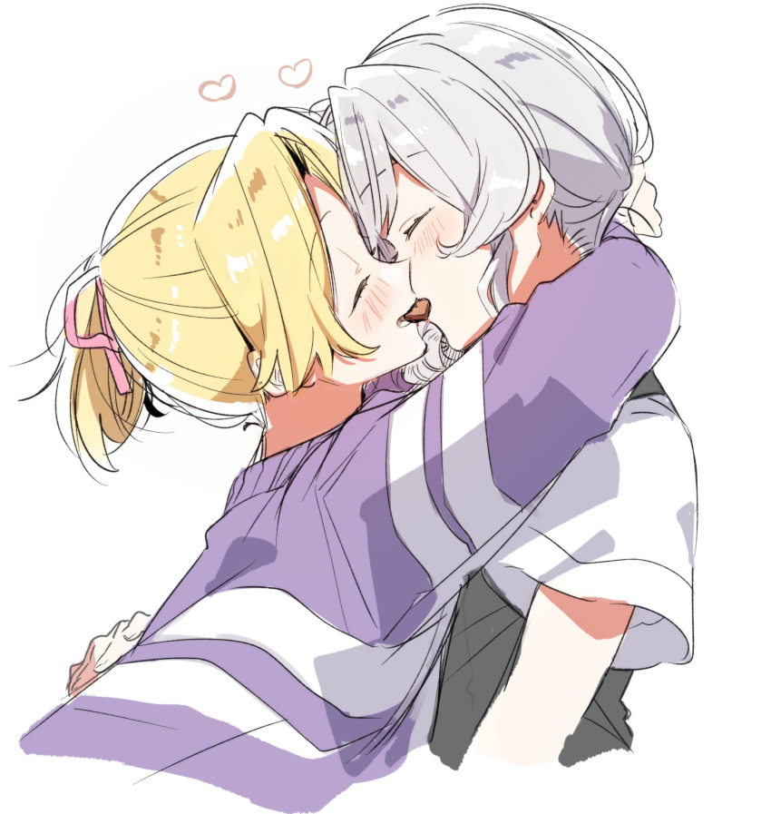 Safebooru - 2girls alternate costume arms around neck bangs black vest blonde hair blush candy ...