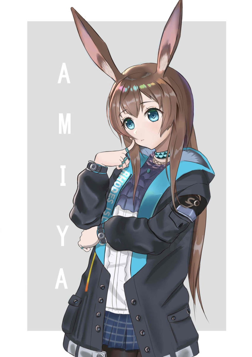 Safebooru - 1girl amiya (arknights) animal ears arknights bangs bkjhjh black jacket blue eyes ...