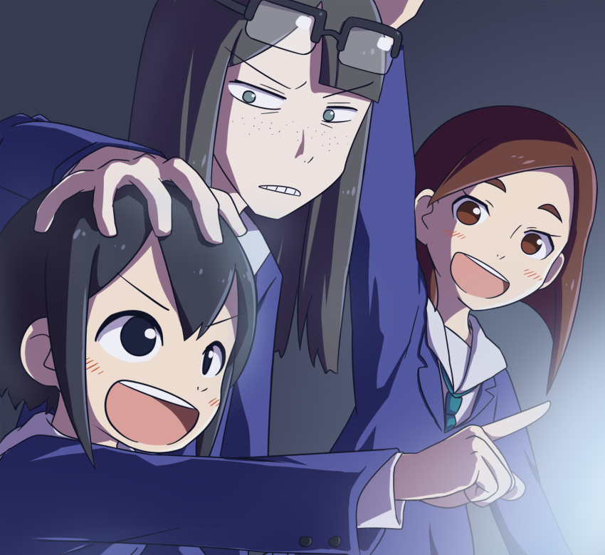 Safebooru - 3girls arm up asakusa midori asymmetrical bangs bangs black eyes black hair blazer ...