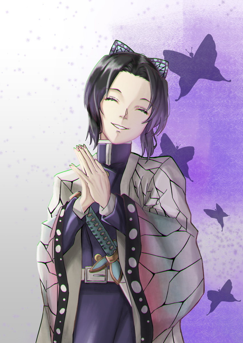 Safebooru - 1girl absurdres animal ears belt black hair bug butterfly cat ears closed eyes hands ...