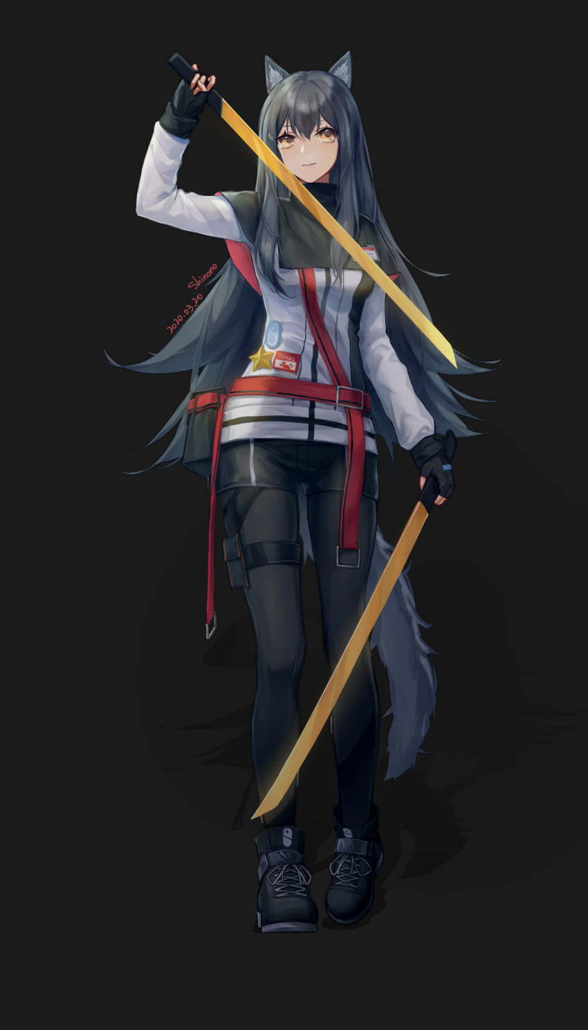 Safebooru - 1girl absurdres animal ears arknights arm up artist name bangs belt black background ...