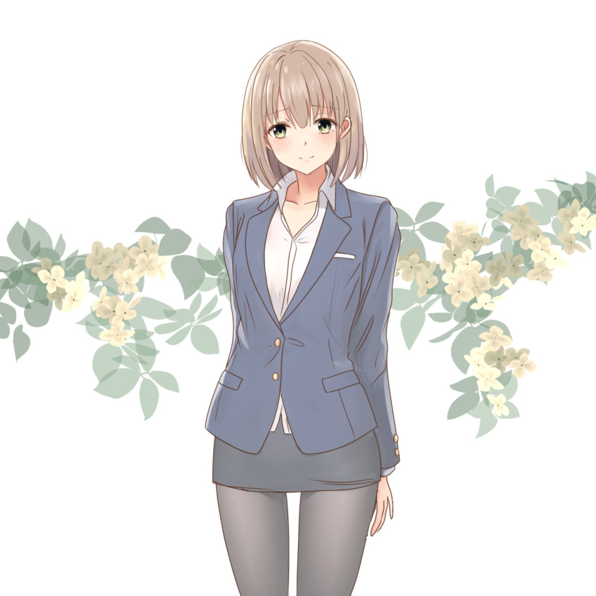 Safebooru - 1girl absurdres arms behind back black pantyhose black skirt blue jacket brown hair ...