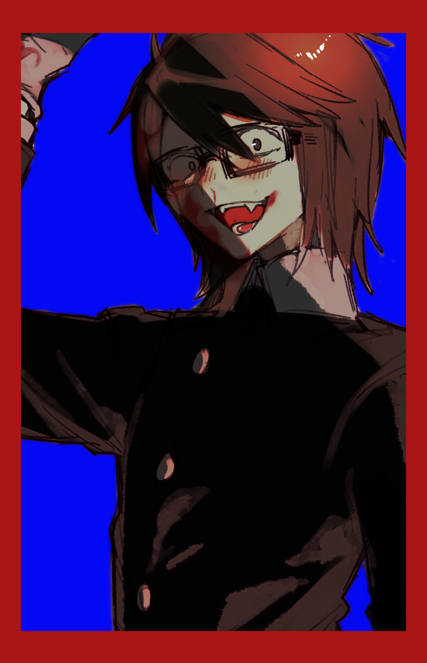 Safebooru - 1boy arm up black eyes blood blood on face blue background ...