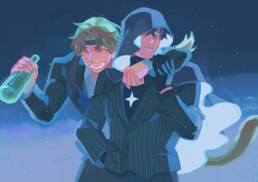 Safebooru - 2boys arm around neck black gloves black hair black shirt ...