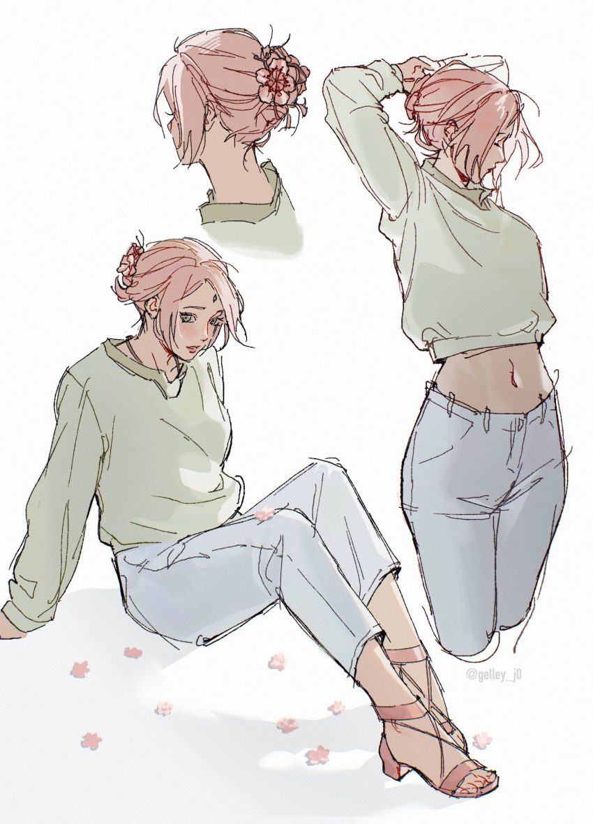 Safebooru - 1girl arms behind head blue pants breasts closed eyes ...